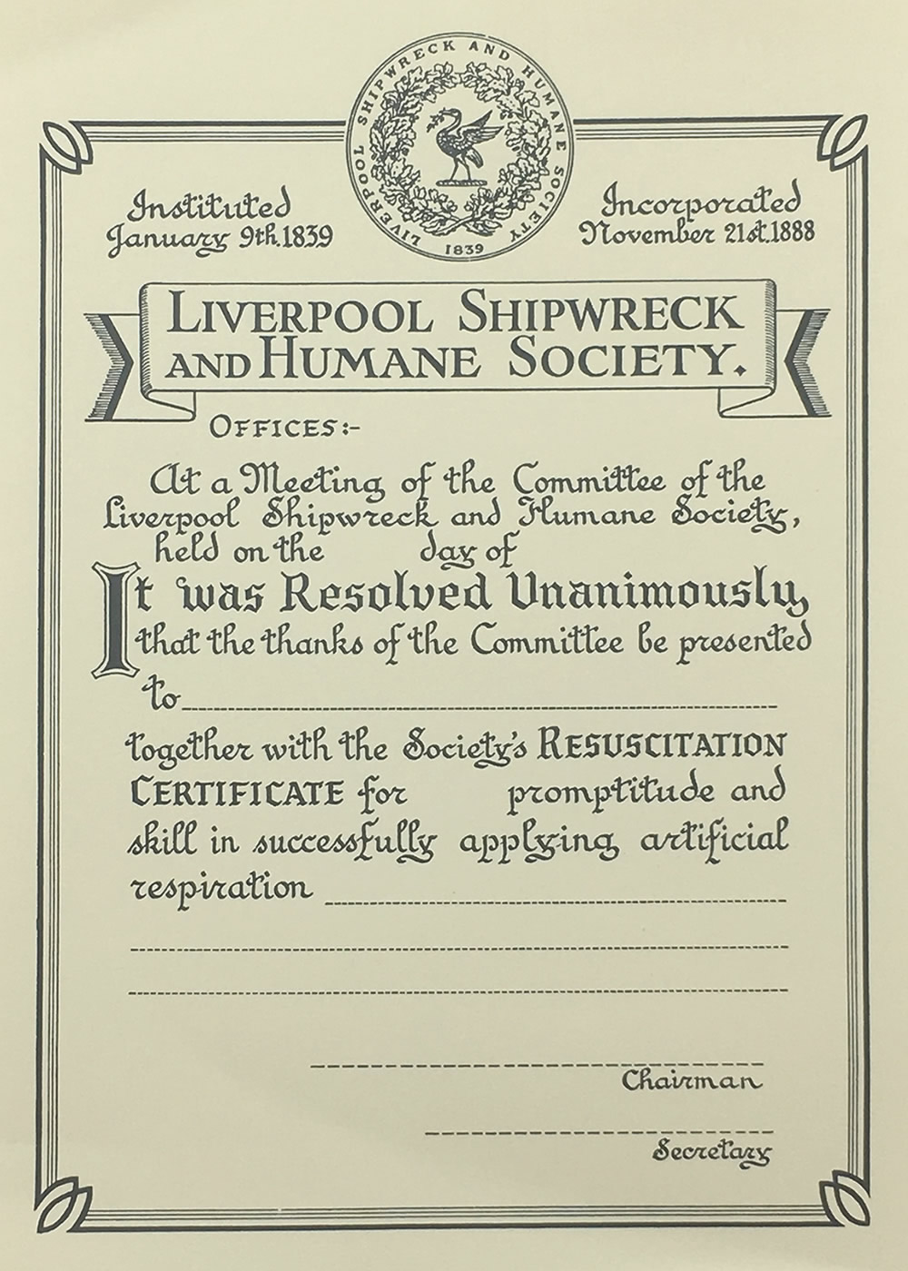 Resuscitation Certificate – Liverpool Shipwreck and Humane Soc
